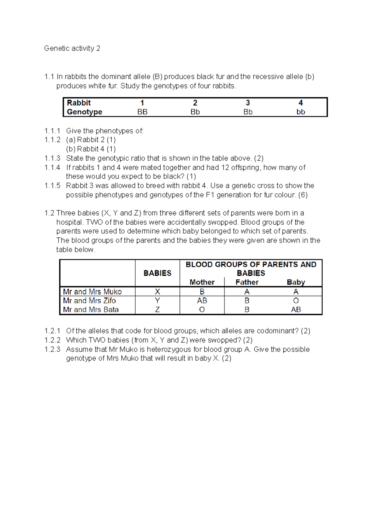 Genetic-activity-2 - Genetic activity 2 1 In rabbits the dominant ...