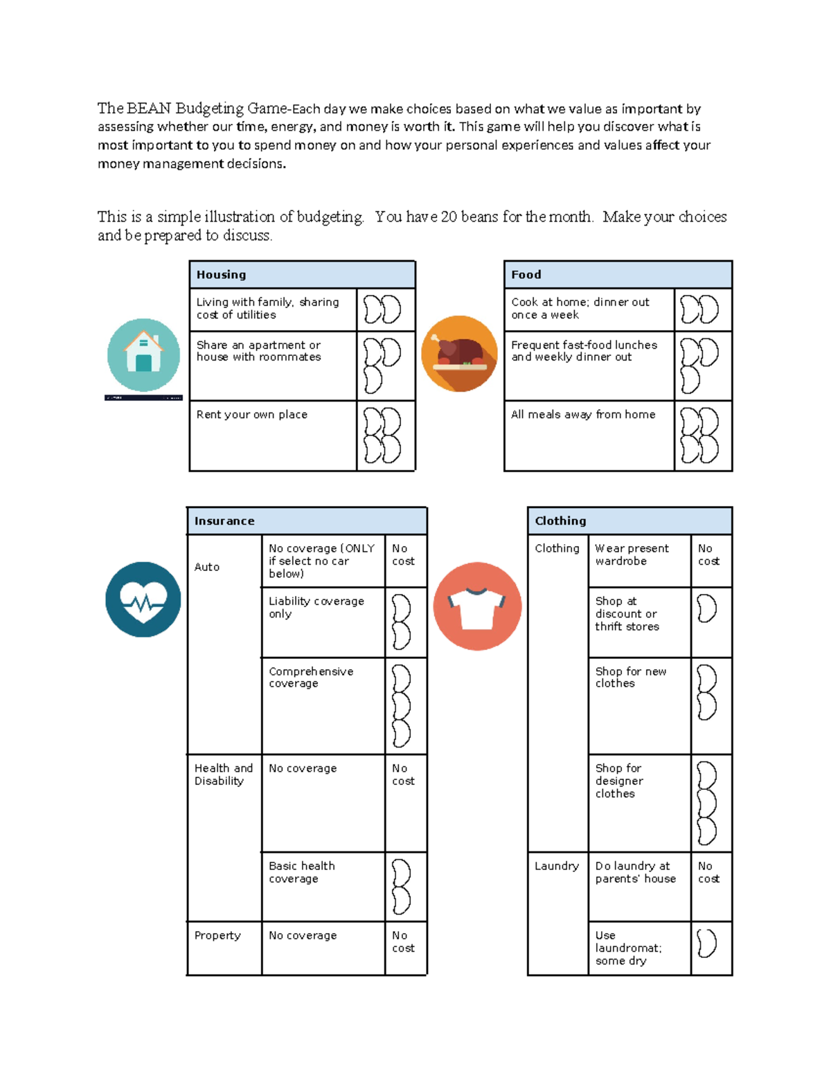 PF bean game - Basic game of needs and wants when making a budget - The ...