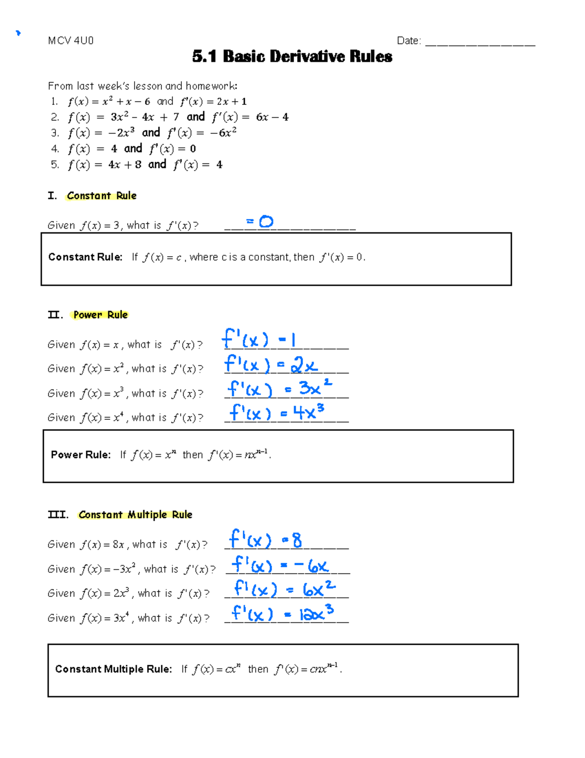 Basic Rules Lesson - MCV 4U0 Date: ___________________ ####### 5 Basic Derivative Rules From ...