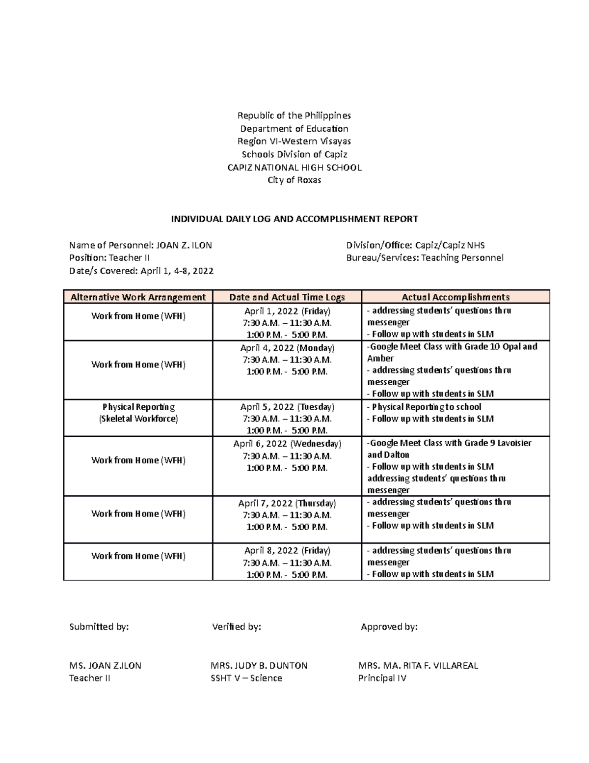 Apr2022-Workplan - Sample work plan - Department of Educa琀椀on Region VI ...