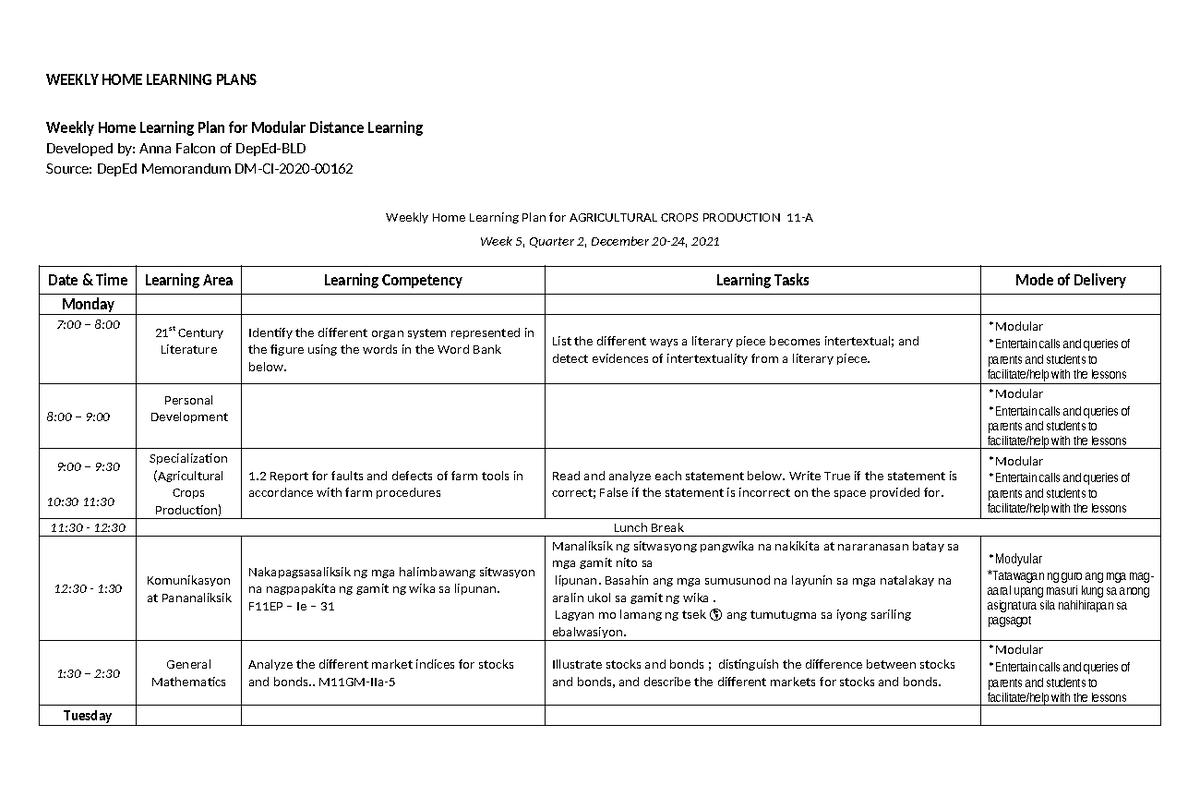 WEEK 3- WEEKLY HOME LEARNING PLAN (WHLP) is essential for guiding ...