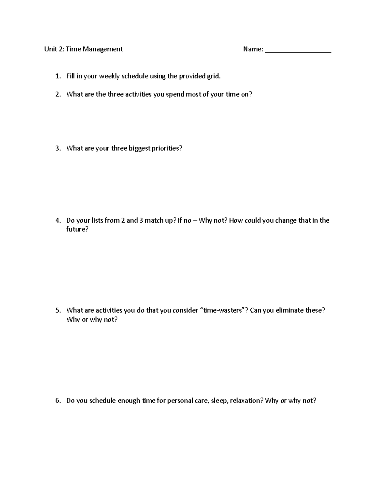 Time management activity - Unit 2: Time Management Name ...