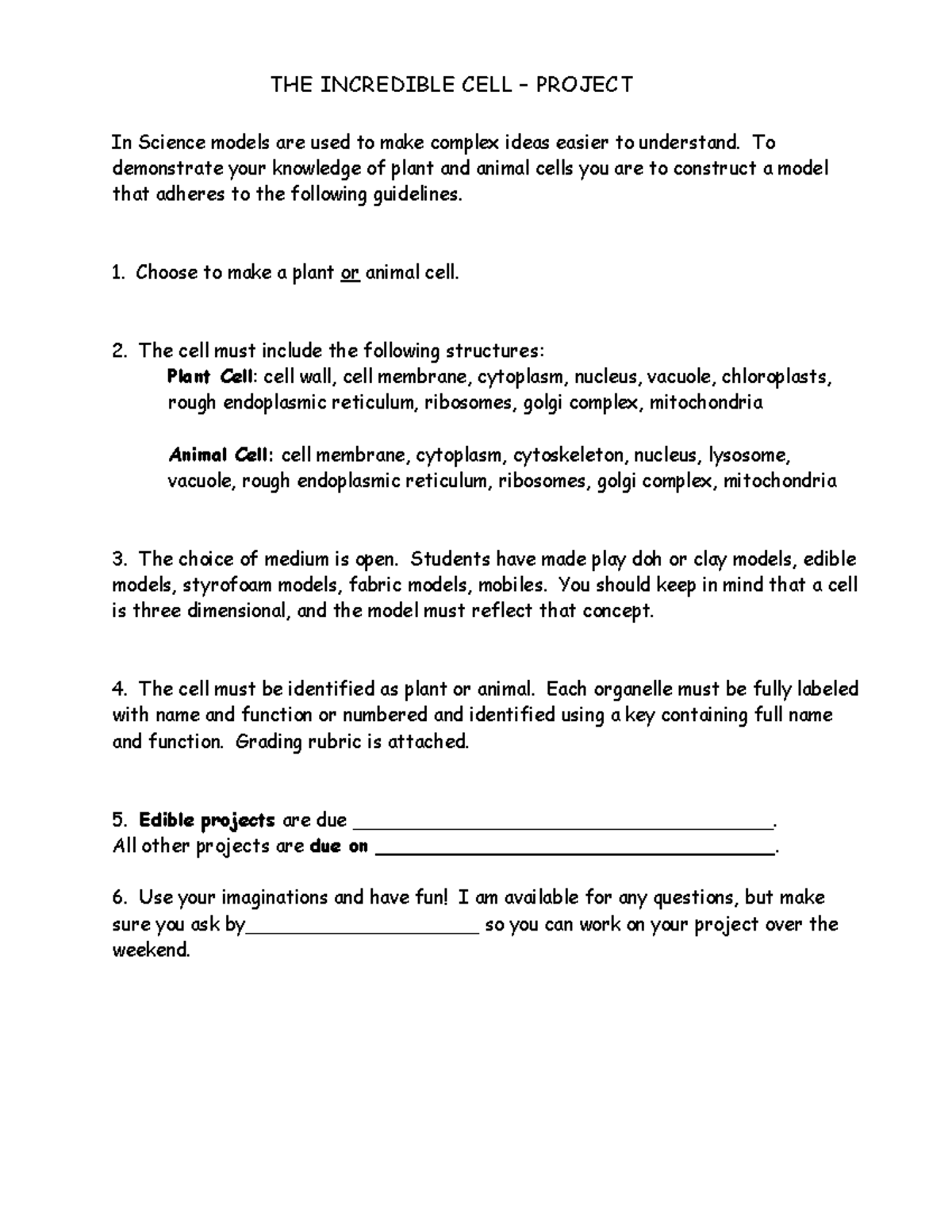 The cell project template - THE INCREDIBLE CELL – PROJECT In Science ...