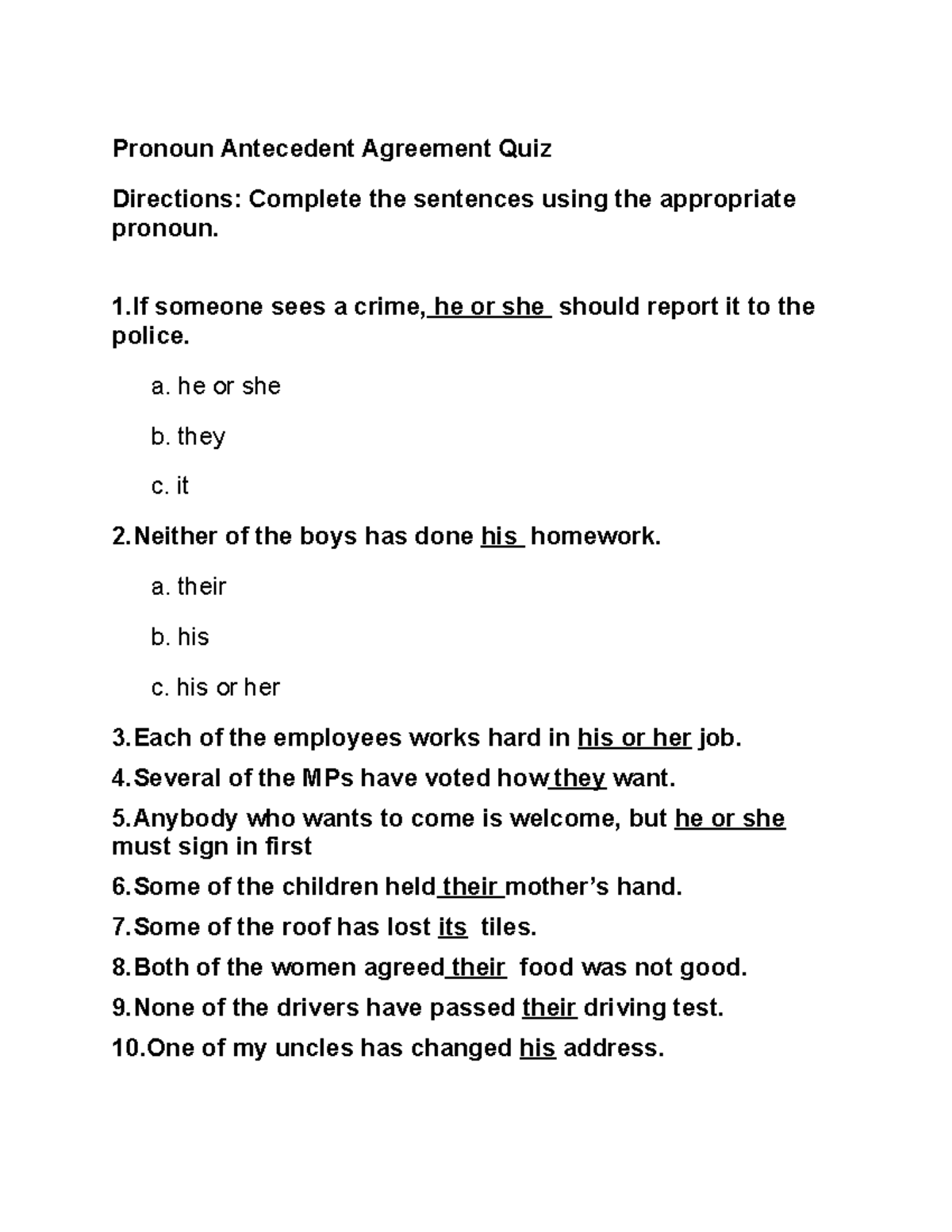 Pronoun Antecedent Agreement Quiz - Pronoun Antecedent Agreement Quiz ...