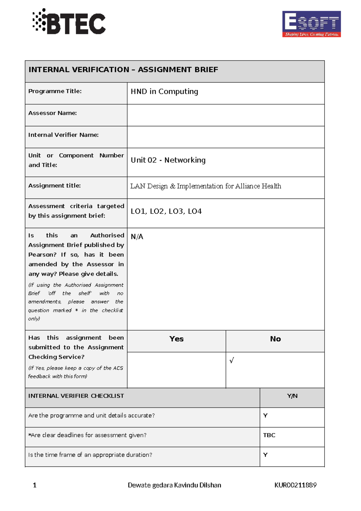 Unit 02 Networking Internal Verification Assignment Brief Programme Title Hnd In Computing