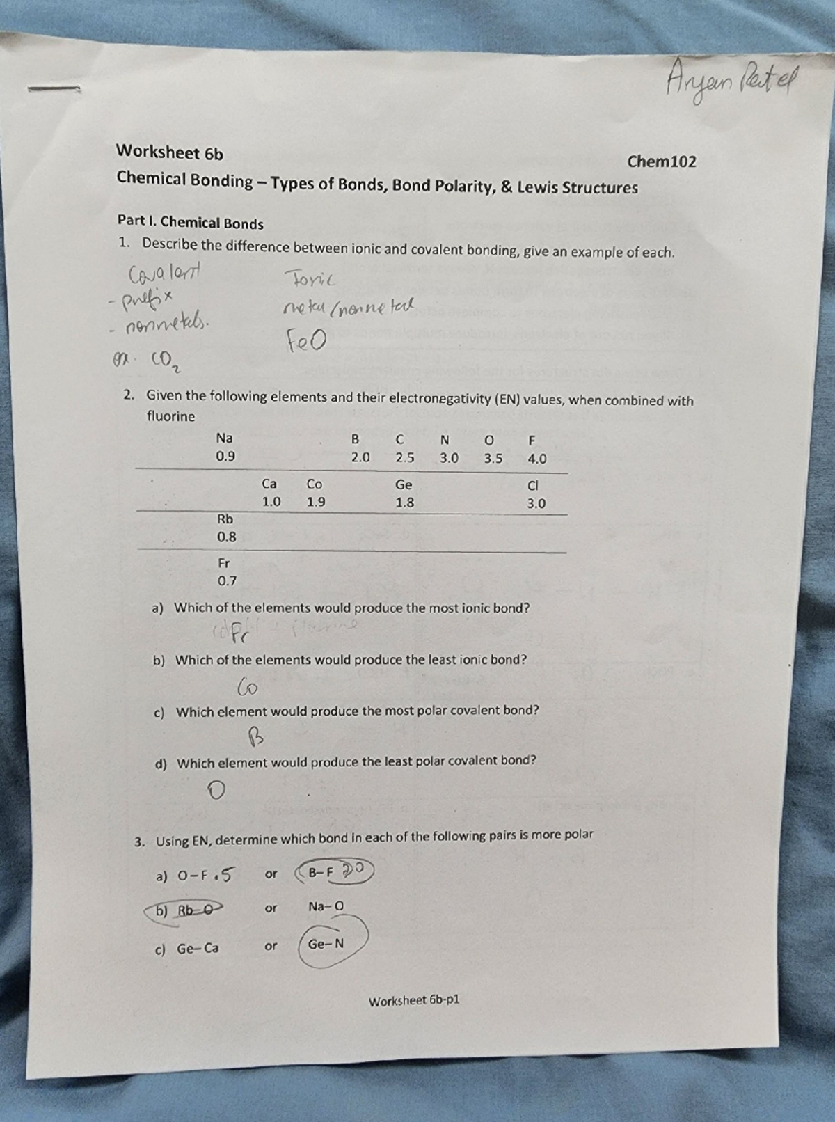 Chem Worksheet 6b - Aryan Pat el Worksheet 6b Chem102 Chemical Bonding ...