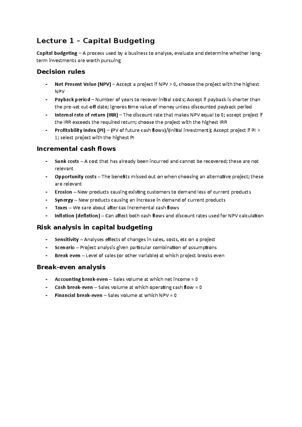 FIN322 Theory Summary - Lecture 1 – Capital Budgeting Capital budgeting ...