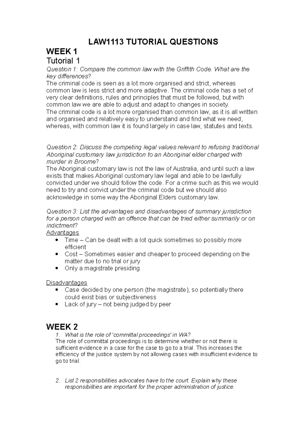 LAW1113 Tutorial Questions - Weeks 1 TO 13 - LAW1113 TUTORIAL QUESTIONS ...