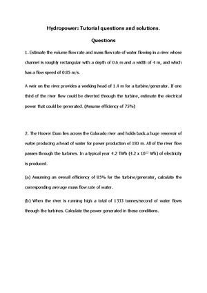 Hydropower Questions and Answers - Hydropower: Tutorial questions and solutions. Questions ...