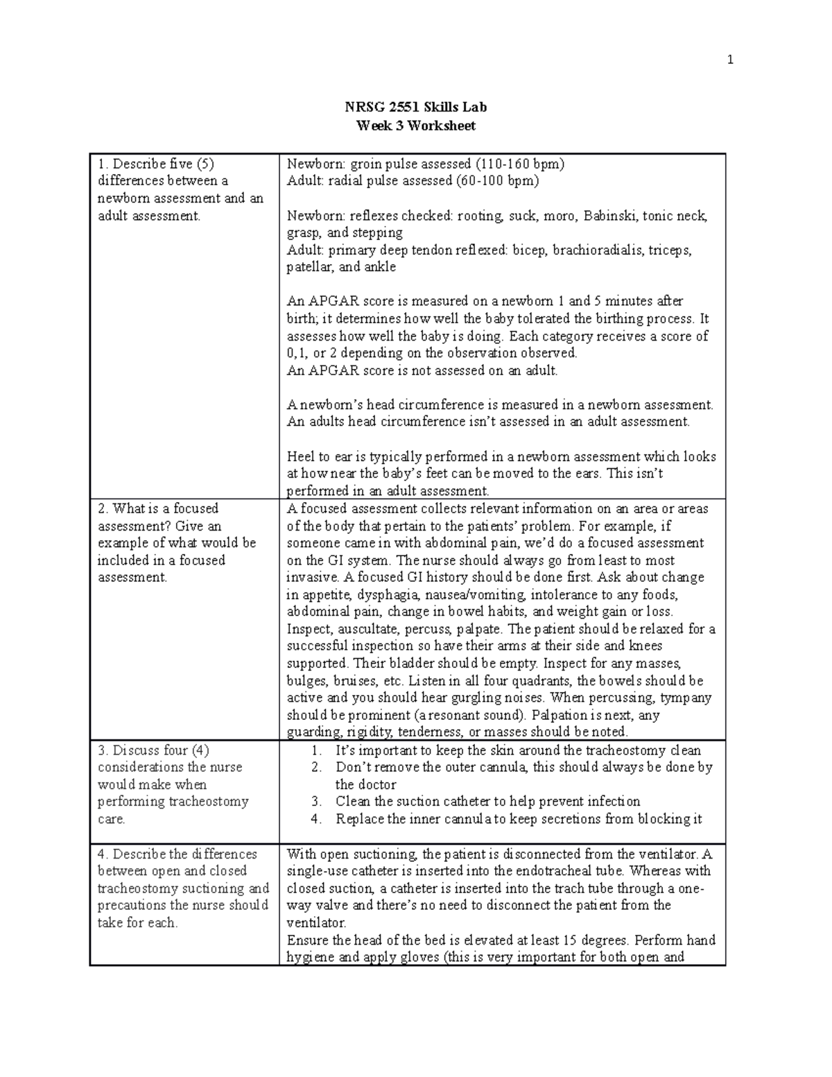 Week 3 Pre-Lab Worksheet - NRSG 2551 Skills Lab Week 3 Worksheet Describe five (5) differences ...