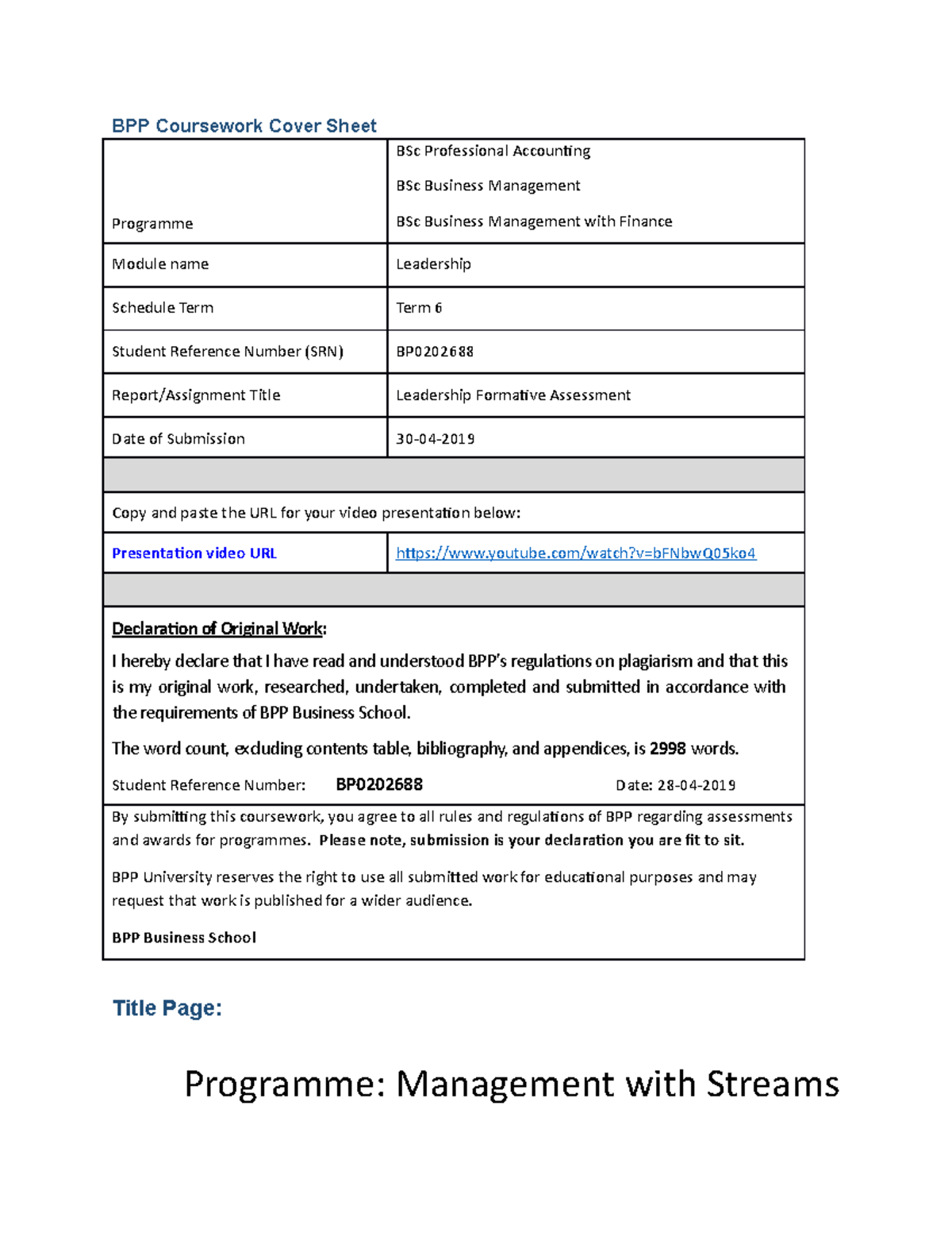 BP0202688 Leadership By Tanveer Nazar - BPP Coursework Cover Sheet ...