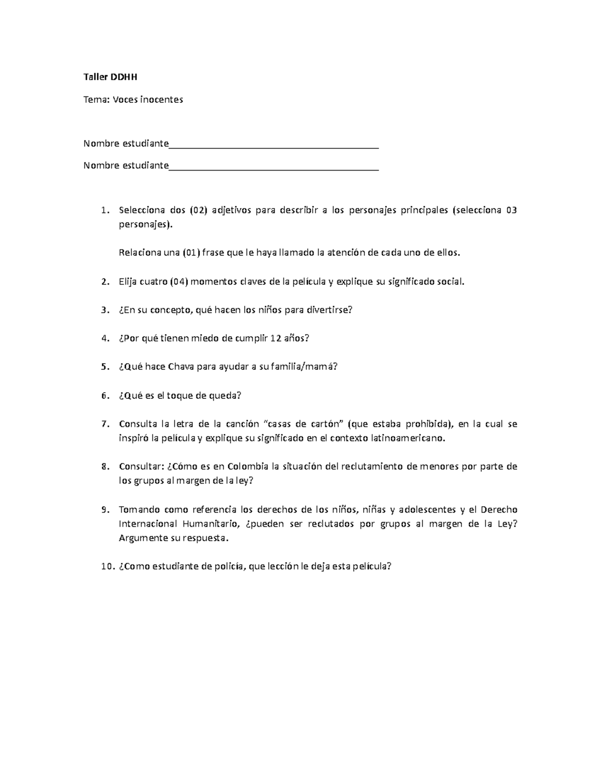 Taller pelicula voces inocentes - Taller DDHH Tema: Voces inocentes ...