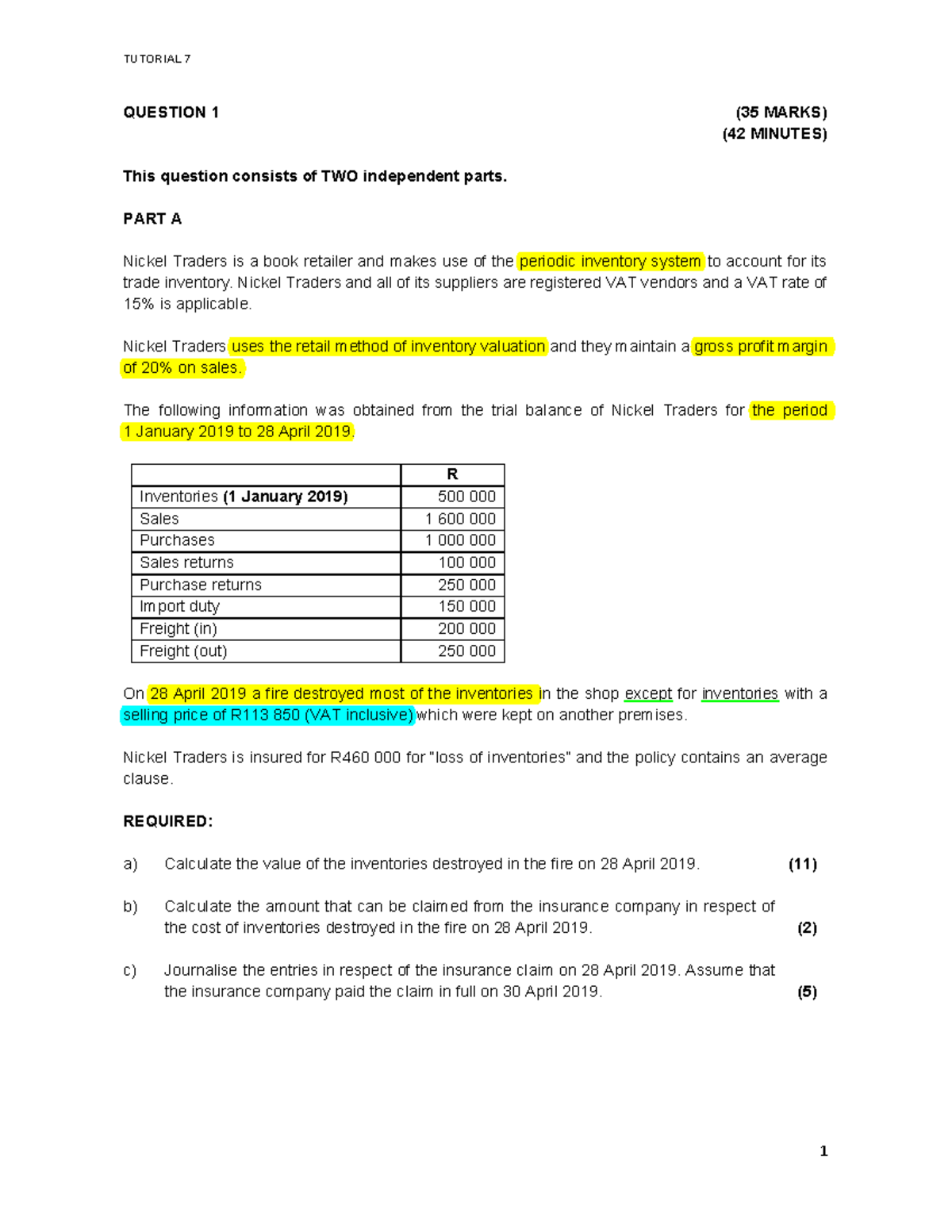 Tutorial 7 Accounting - TUTORIAL 7 1 QUESTION 1 (35 MARKS) (42 MINUTES ...