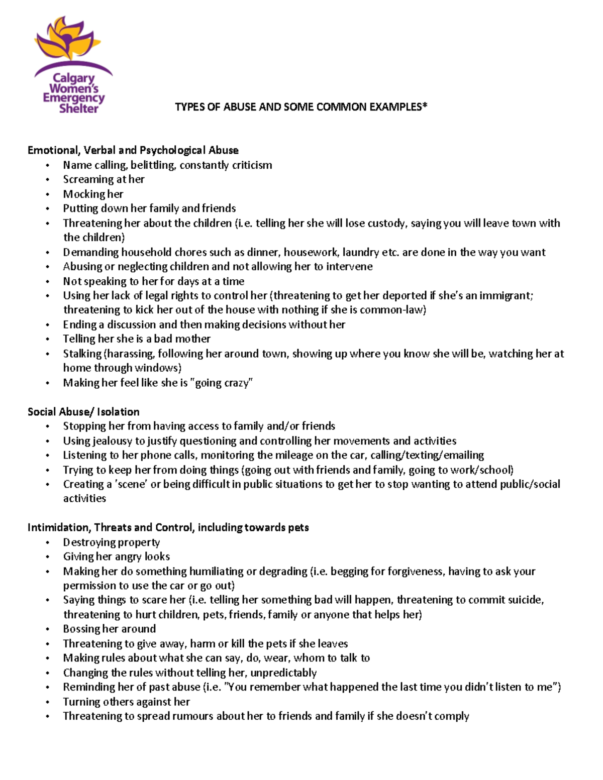 Forms of Abuse - TYPES OF ABUSE AND SOME COMMON EXAMPLES* Emotional ...