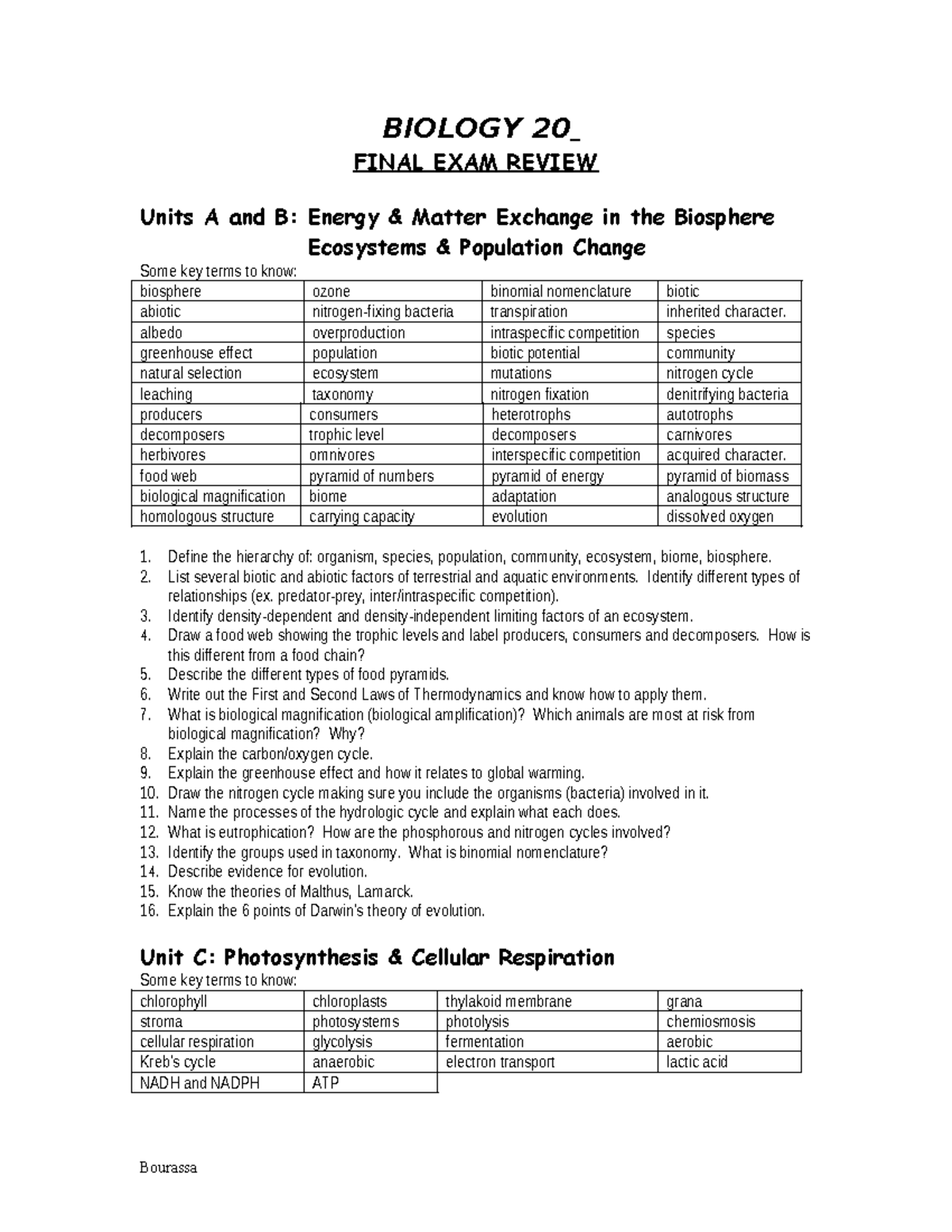 Final review bio 20 - notes - BIOLOGY 20 FINAL EXAM REVIEW Units A and ...