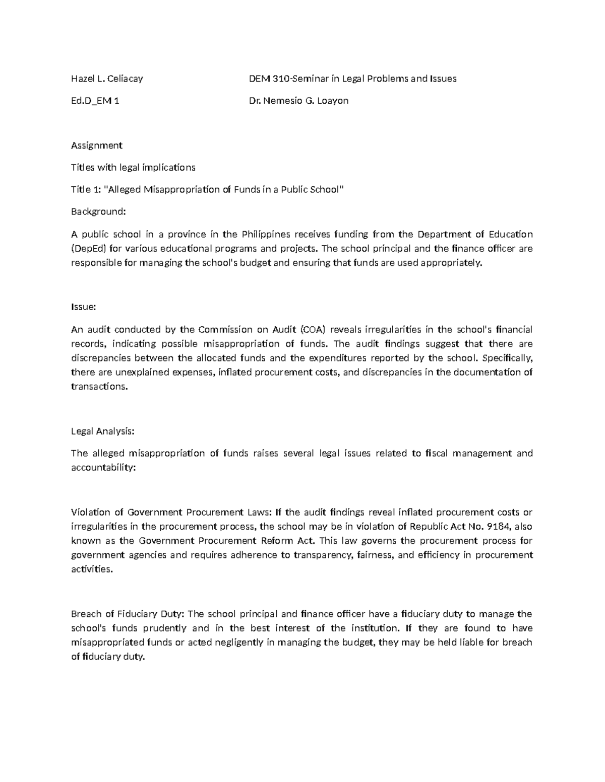 Titles with legal issues - Hazel L. Celiacay DEM 310-Seminar in Legal ...