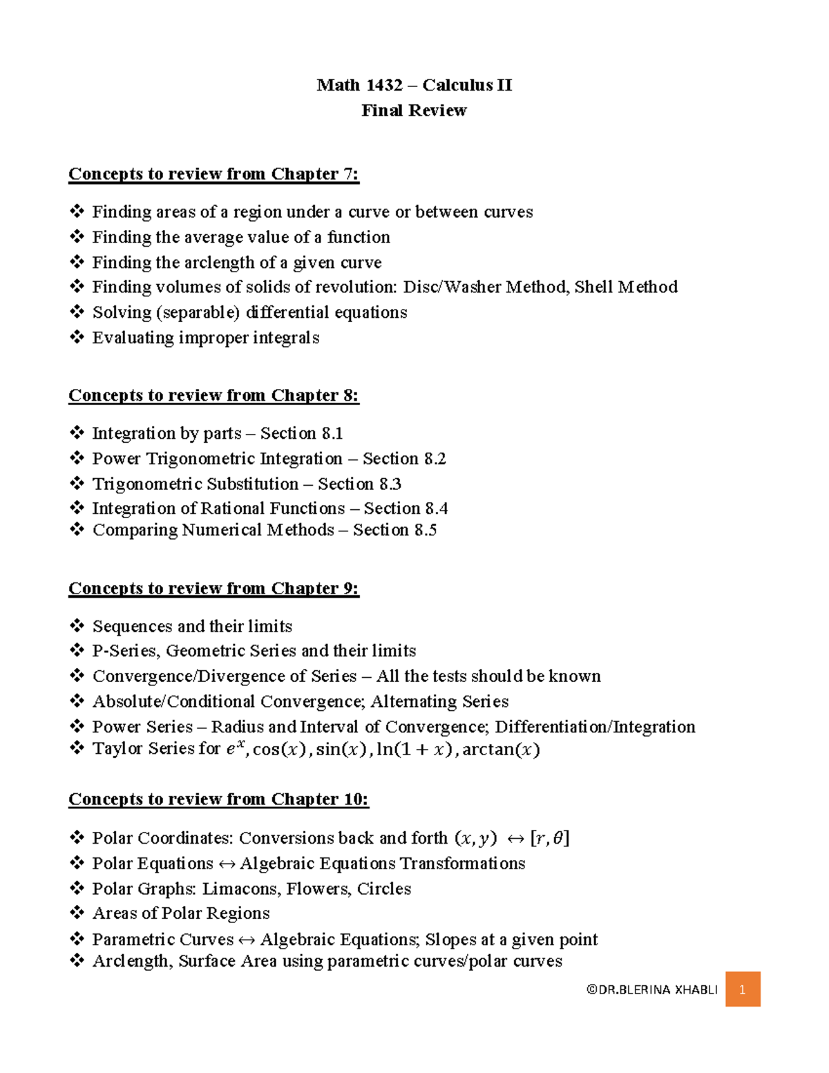 Final Review - Math 1432 – Calculus II Final Review Concepts to review ...