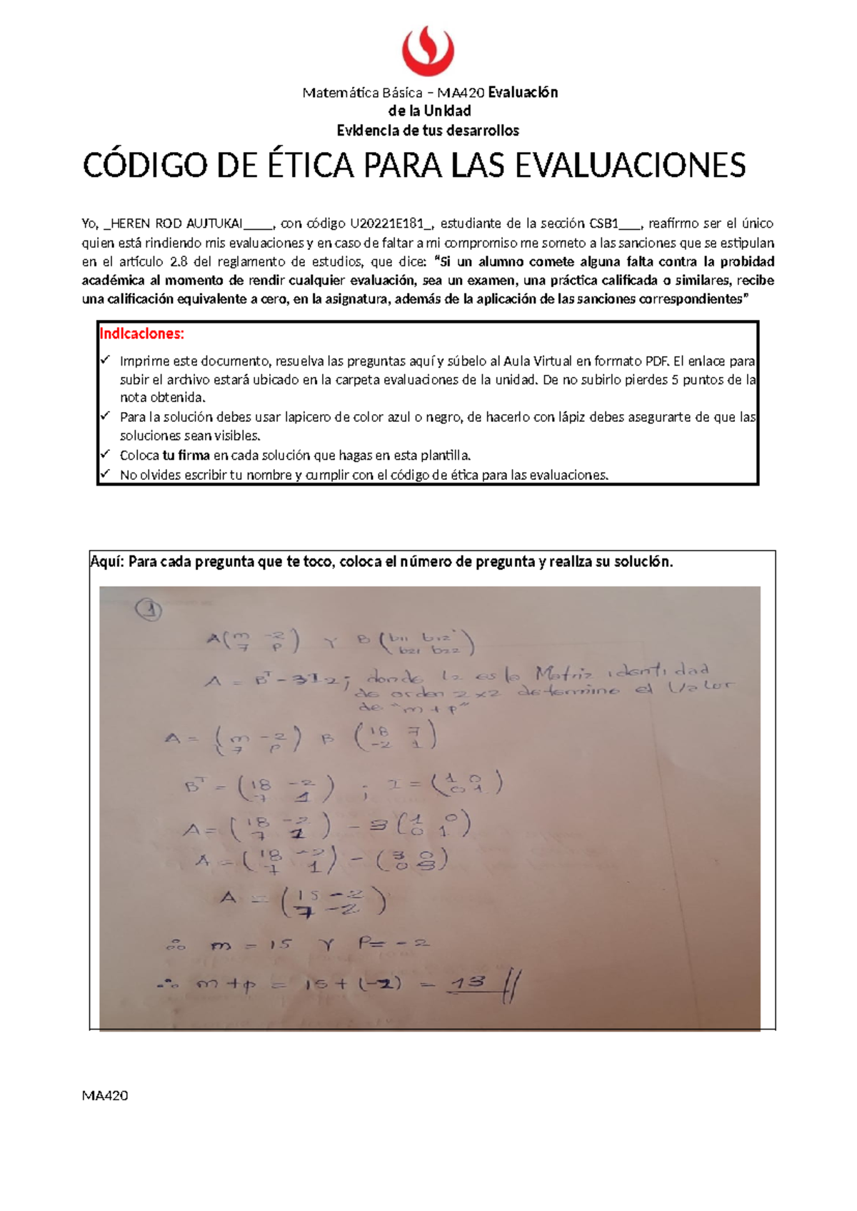 Plantilla ORAL DE Evaluacion MATE - Matemática Básica – MA420 Evaluación de la Unidad Evidencia ...