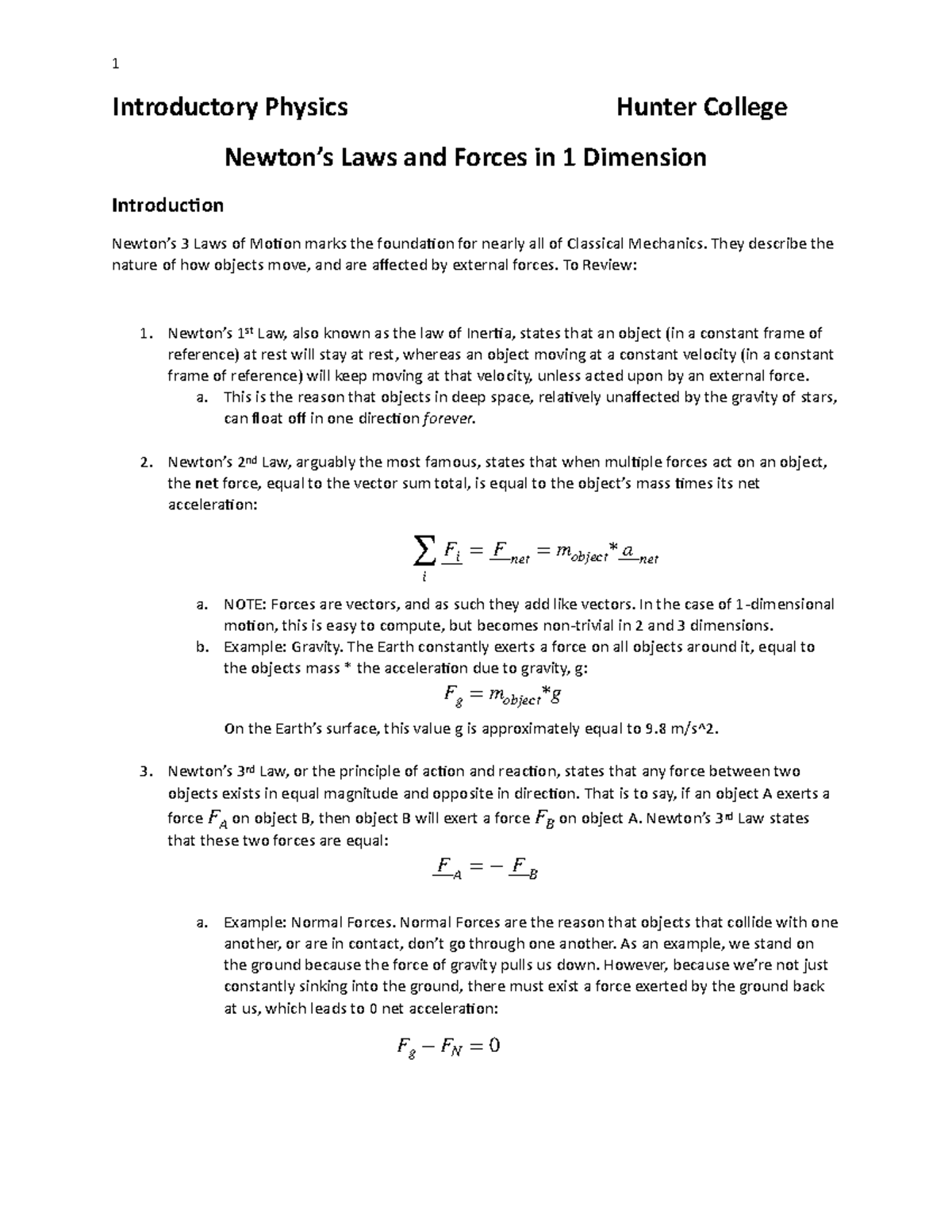 004 Newtons laws - lab 4 manual - Introductory Physics Hunter College ...