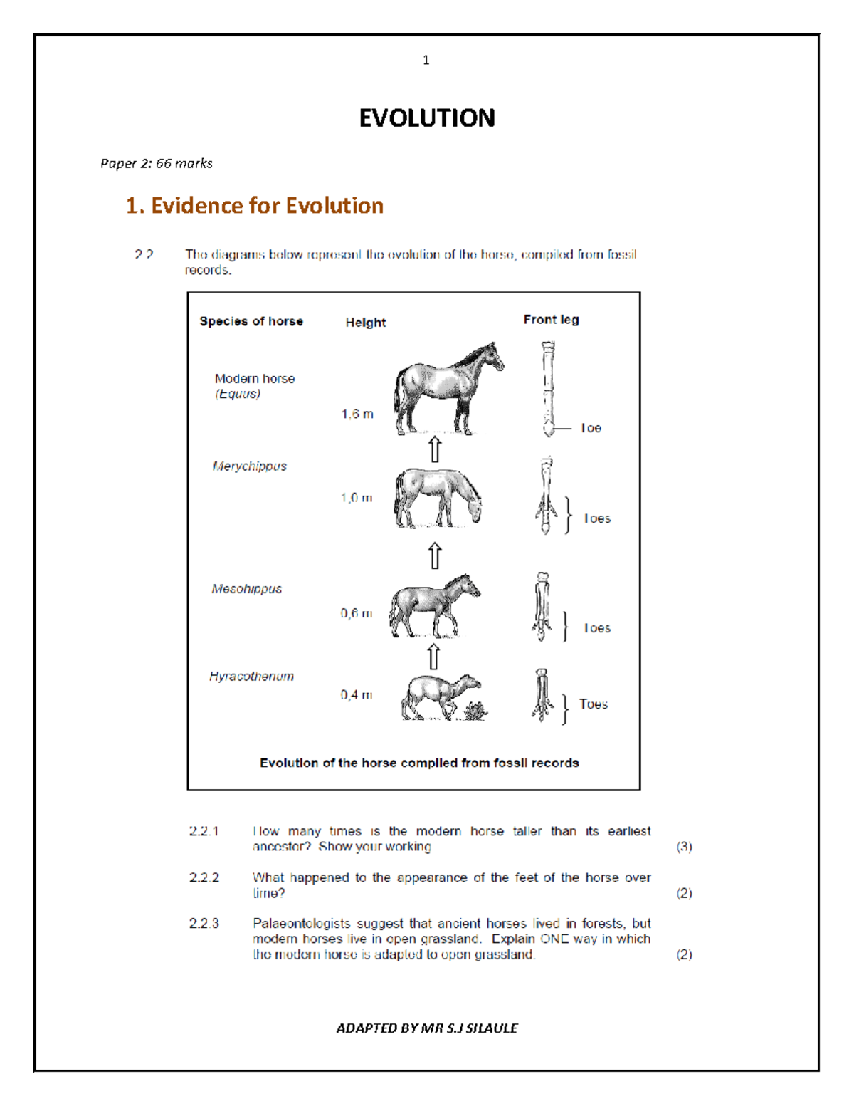 Evolution Student Activities - EVOLUTION Paper 2: 66 marks 1. Evidence for Evolution 3. Origin ...
