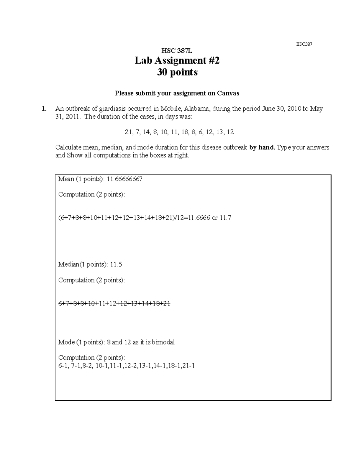 Lab 2 Mean, Median, Mode - HSC HSC 387L Lab Assignment 30 points Please ...