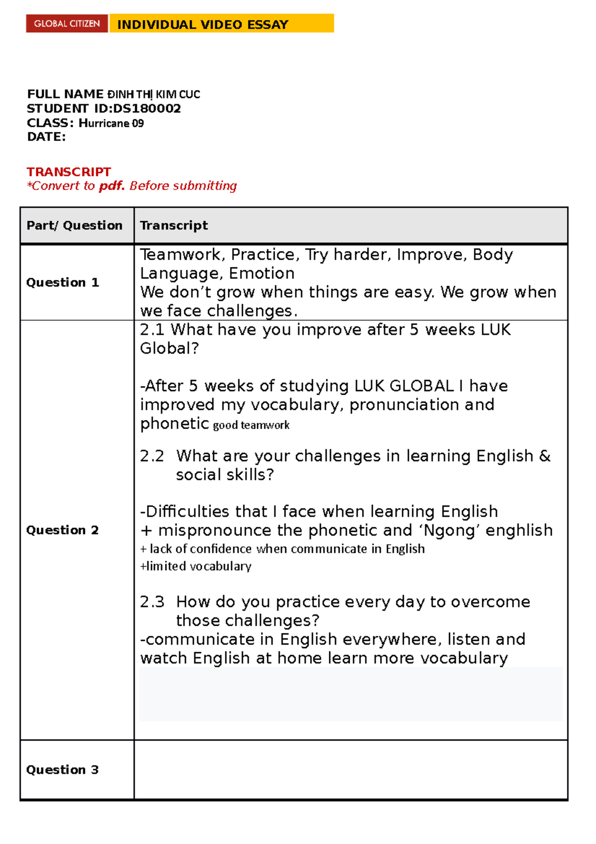 Transcript - dfgdfg - INDIVIDUAL VIDEO ESSAY FULL NAME ĐINH TH KIM CUCỊ ...