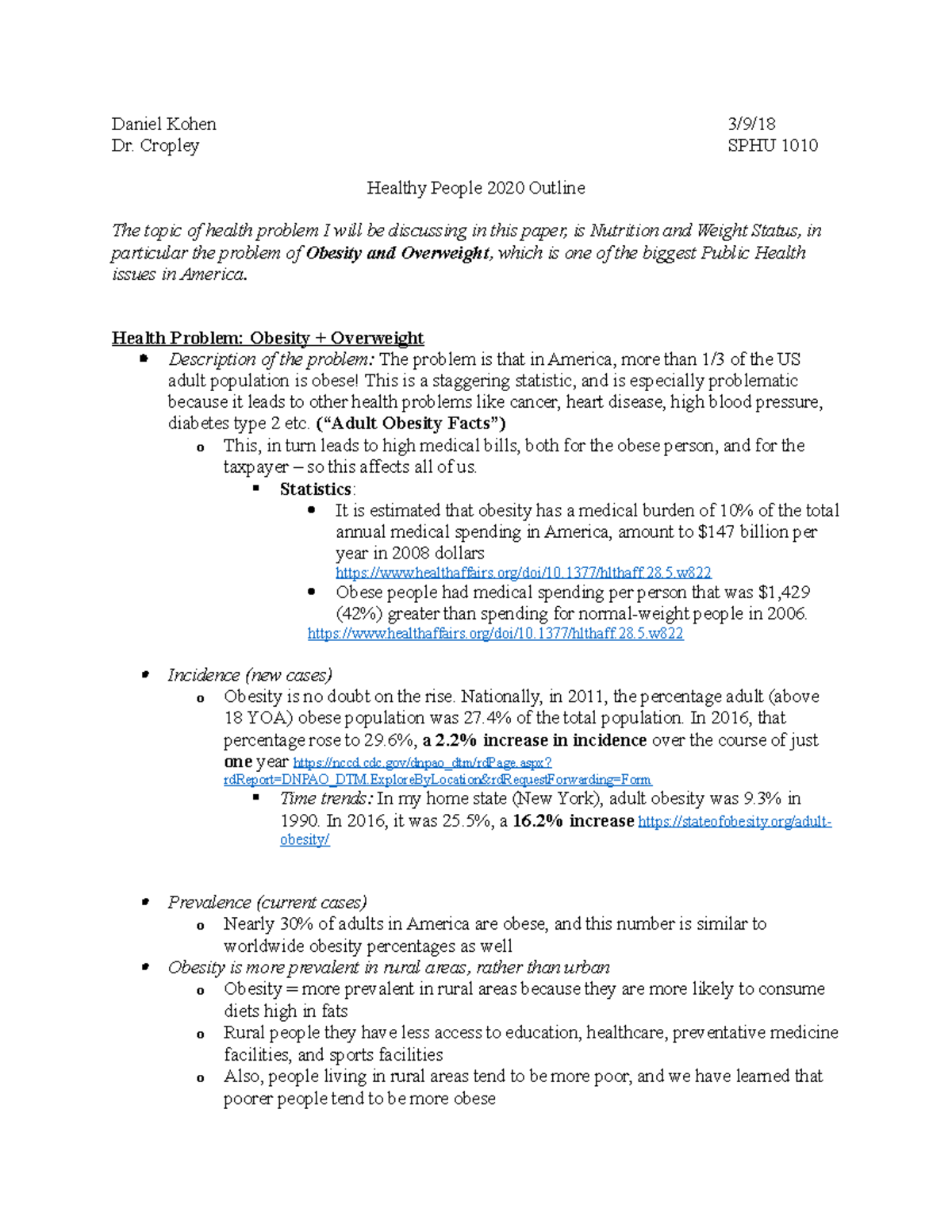 Healthy People 2020 Outline - Daniel Kohen 3/9/ Dr. Cropley SPHU 1010 ...