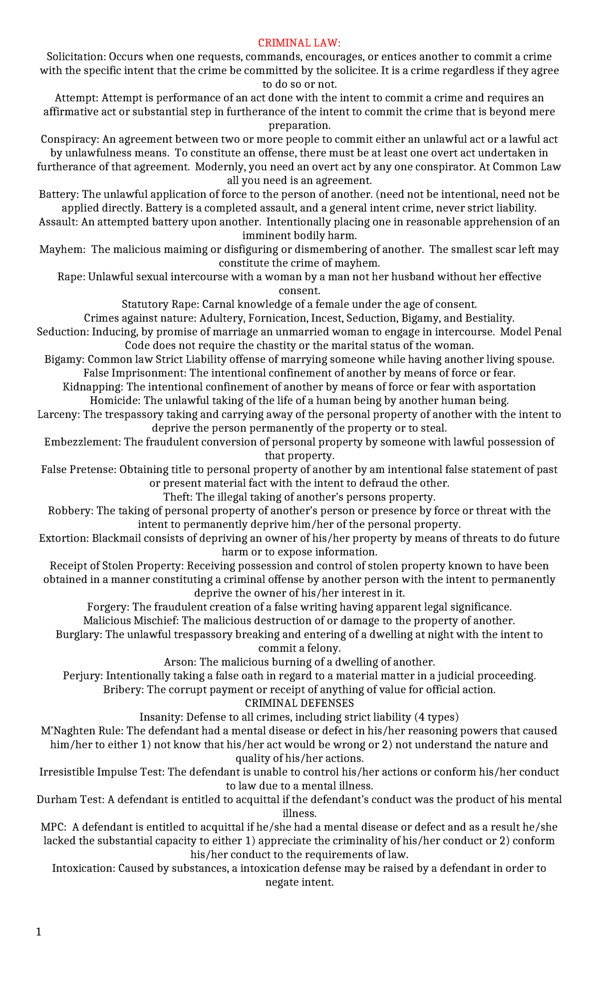 Quick Cheat Sheet - CRIMINAL LAW: Solicitation: Occurs when one ...