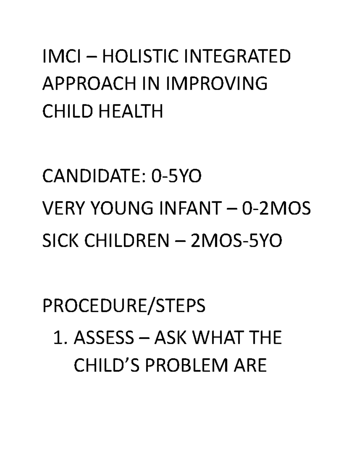 IMCI- Notes - IMCI – HOLISTIC INTEGRATED APPROACH IN IMPROVING CHILD ...