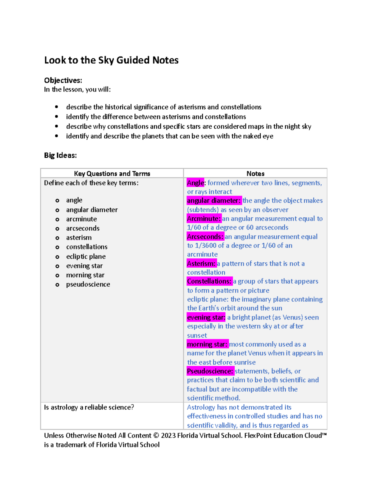 1.04 astrology notes - Look to the Sky Guided Notes Objectives: In the ...