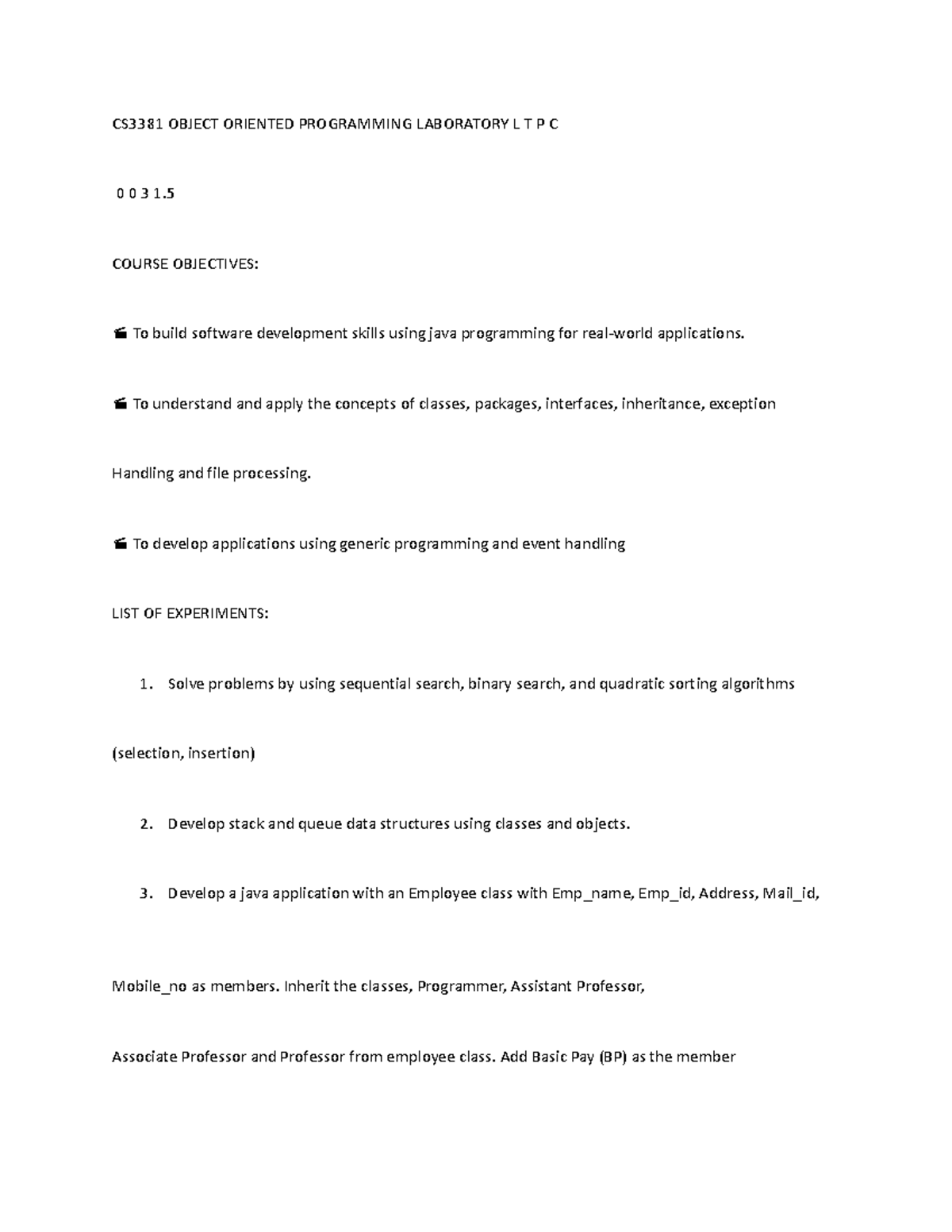 OOPD lab - This document is very useful for every students. - CS3381 OBJECT ORIENTED PROGRAMMING ...