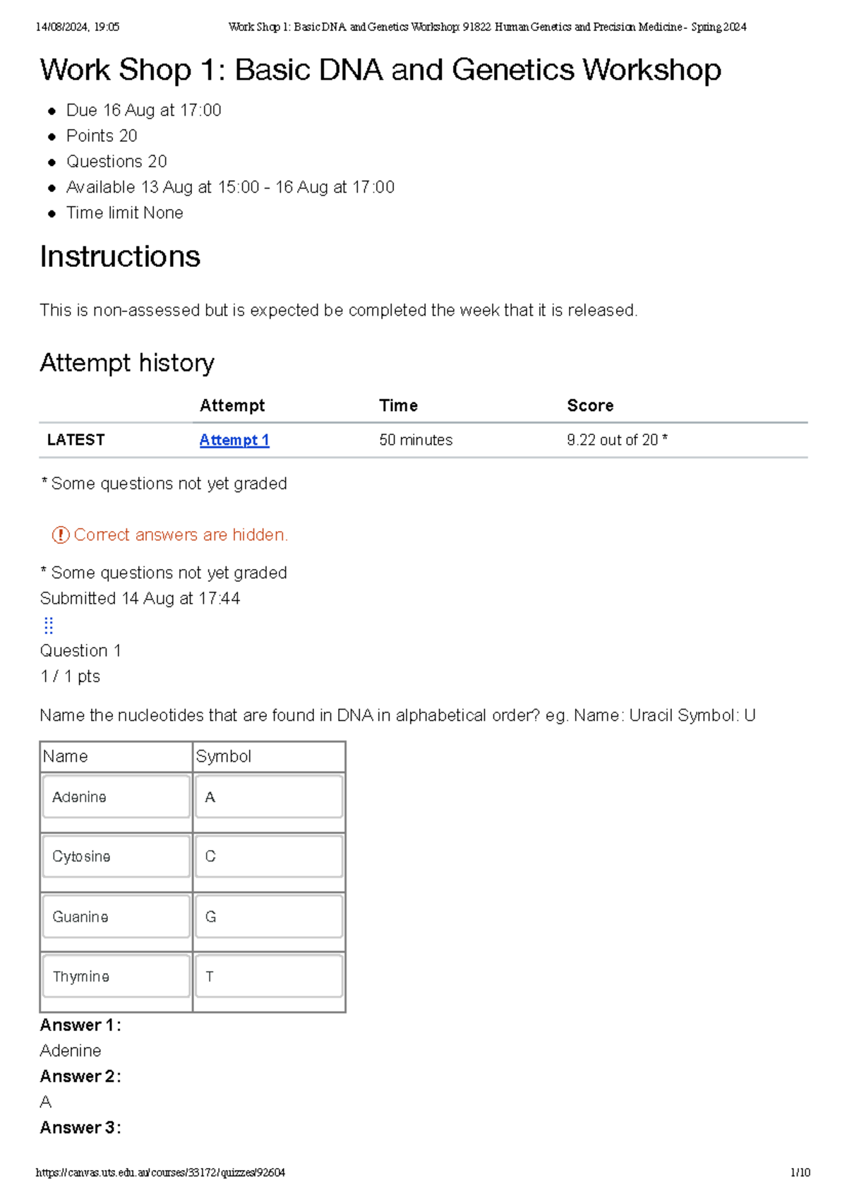Work Shop 1 Basic DNA and Genetics Workshop 91822 Human Genetics and Precision Medicine - Spring ...
