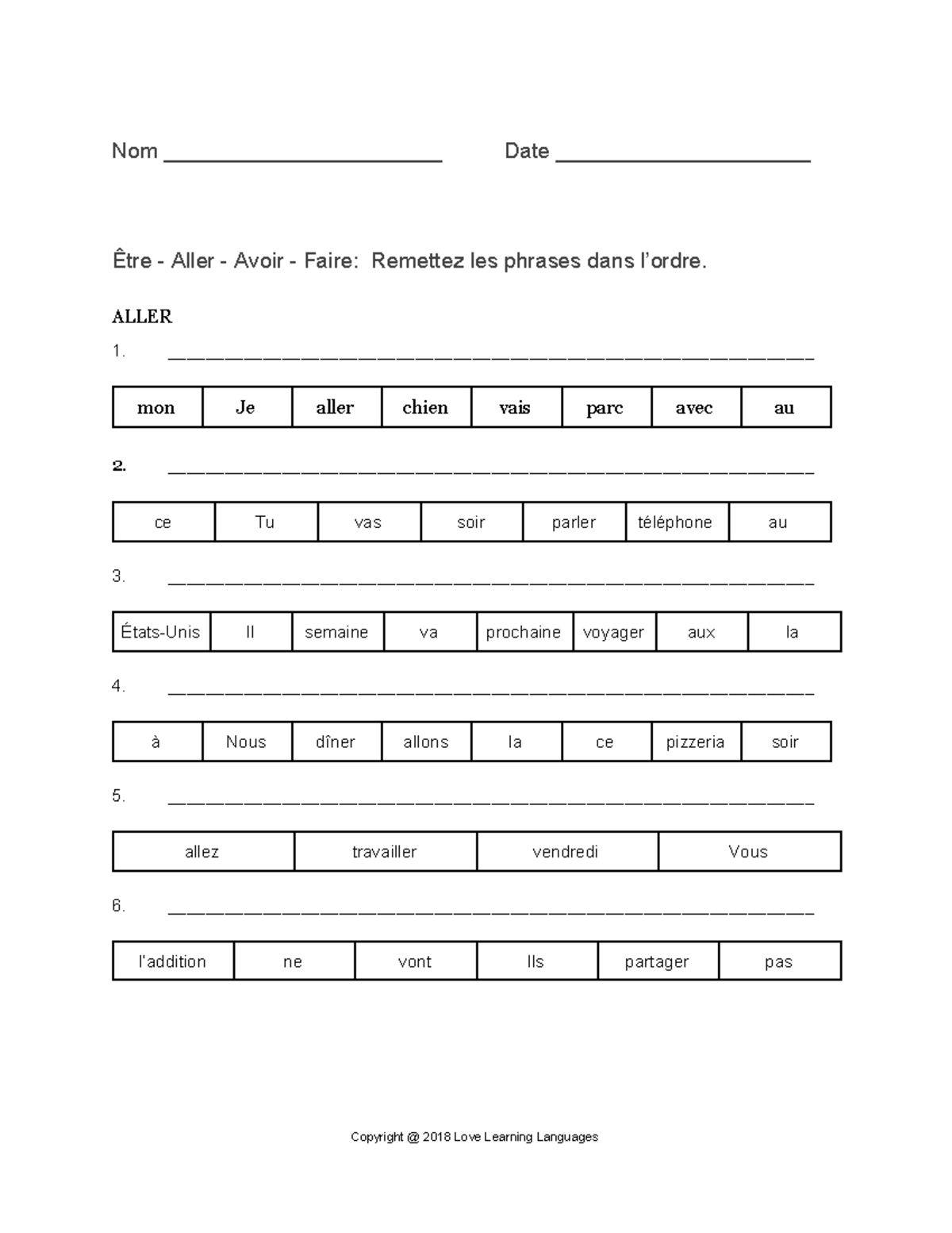 French Scrambled Sentences Exercise Allertreavoirfaire-1 - Nom ...
