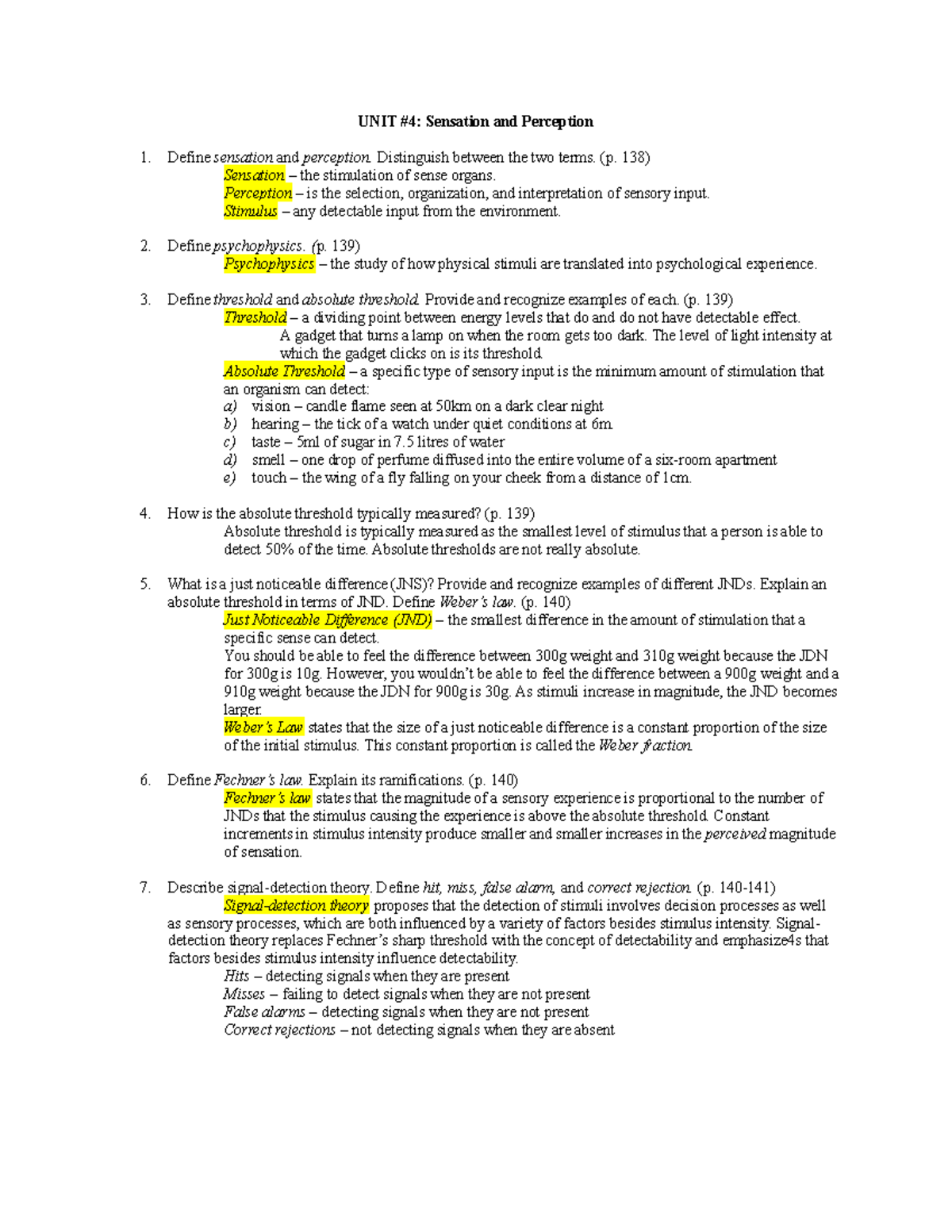 Unit 4 Study Notes summary - UNIT #4: Sensation and Perception Define ...