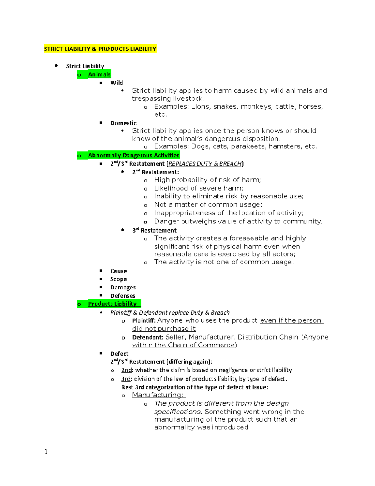 Torts Freeland - STRICT LIABILITY & PRODUCTS LIABILITY Strict Liability ...