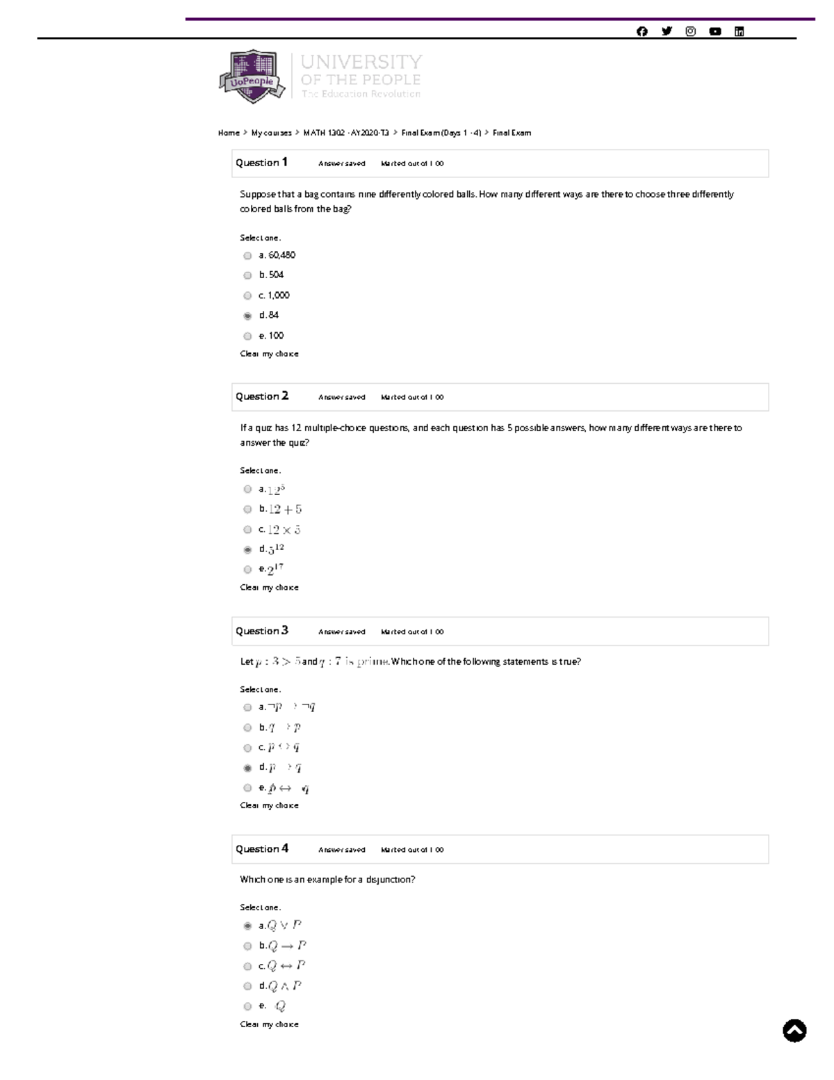 Final Exam 1 - Question 1 Answer saved Marked out of 1. Suppose that a ...
