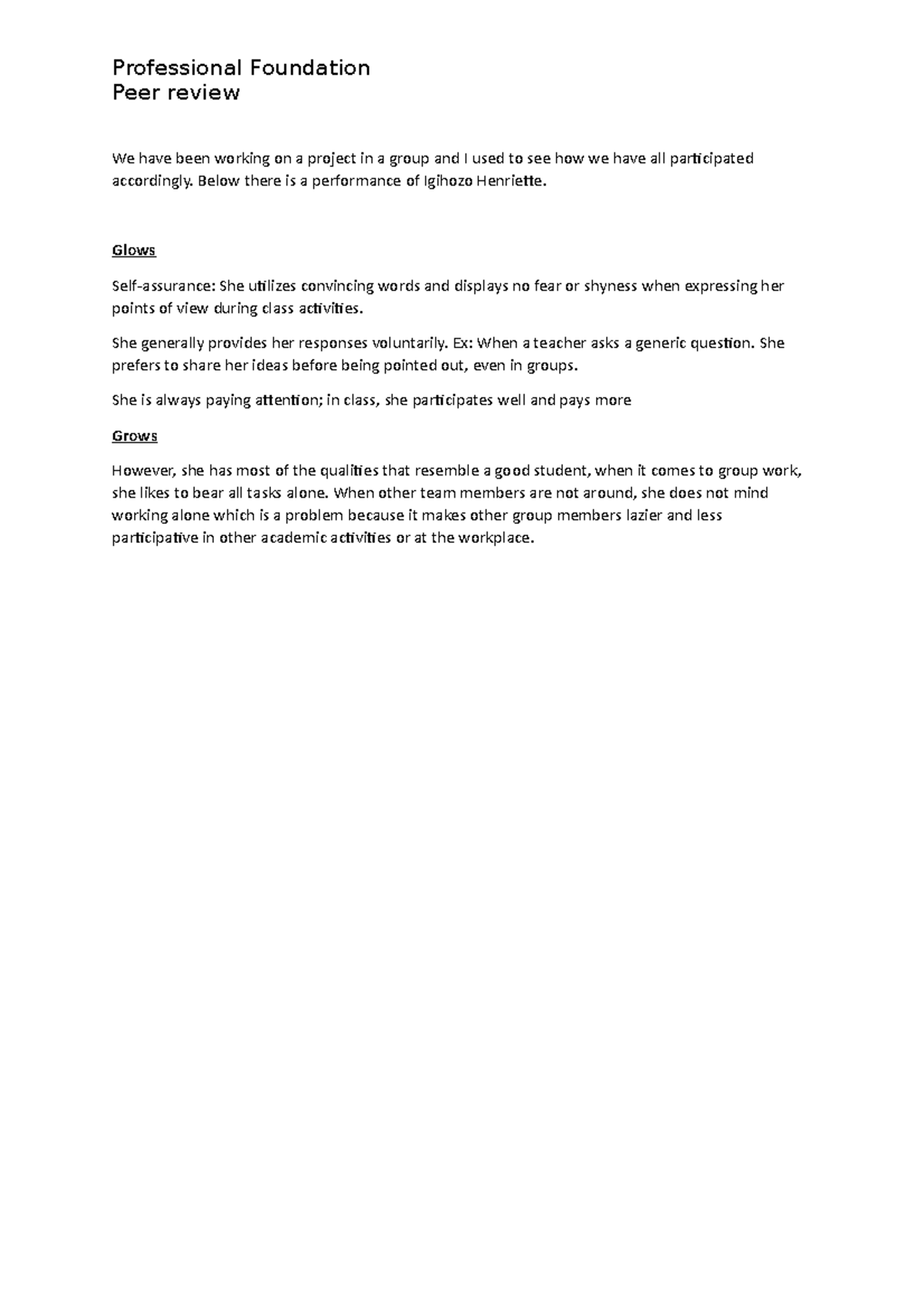 Wilson Peer Review-Project 1 - Professional Foundation Peer review We ...