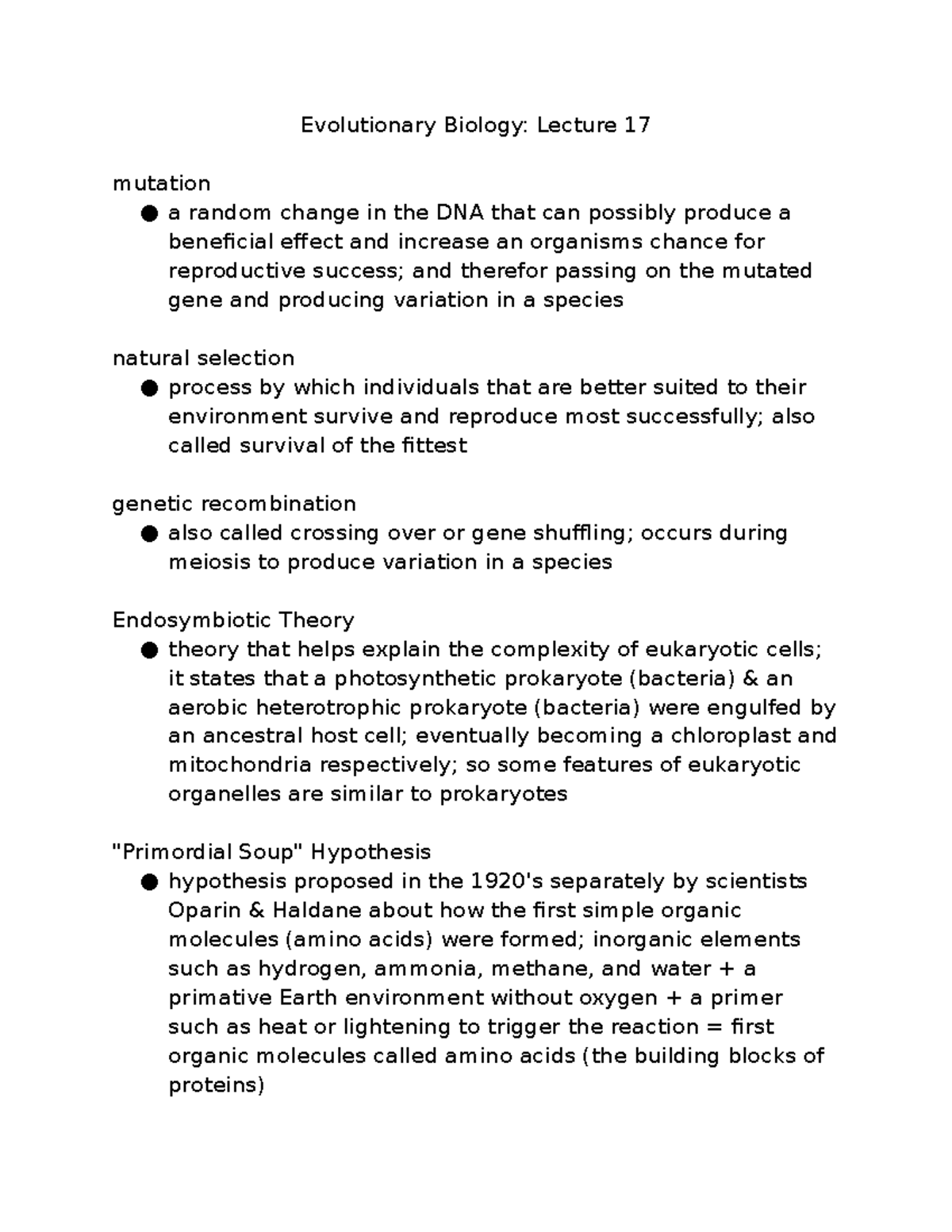 Evolutionary Biology Lecture 17 - Studocu
