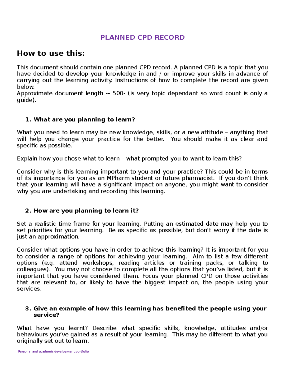 CPD 3 - Curriculum personal development - PLANNED CPD RECORD How to use ...