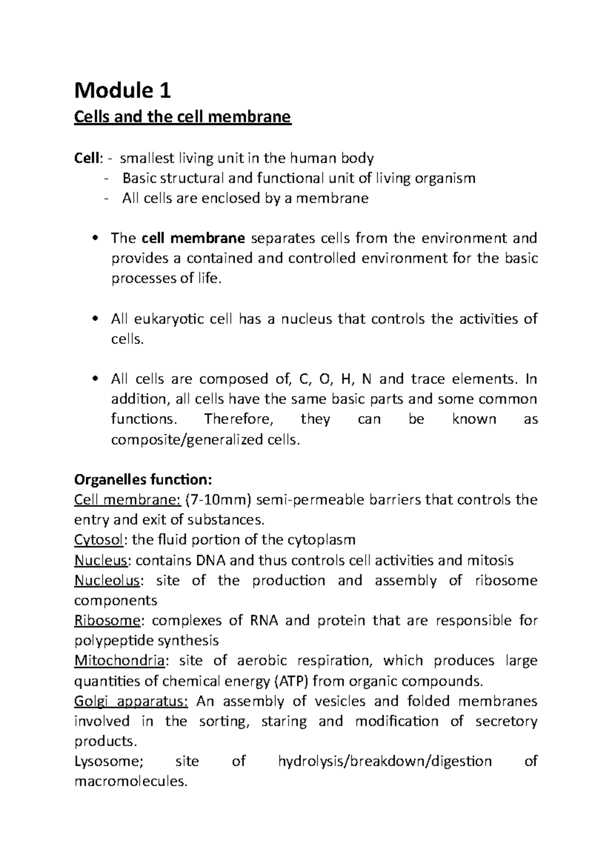 Human Biology - Cell BIology - Module 1 Cells and the cell membrane ...