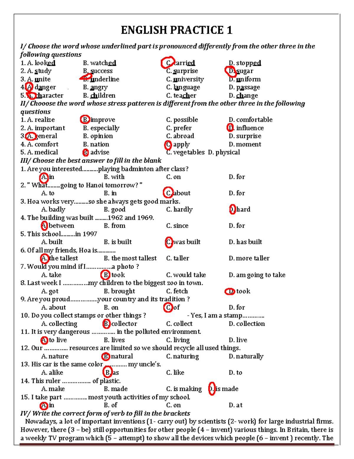 đề 1. print - ENGLISH PRACTICE 1 I/ Choose the word whose underlined ...