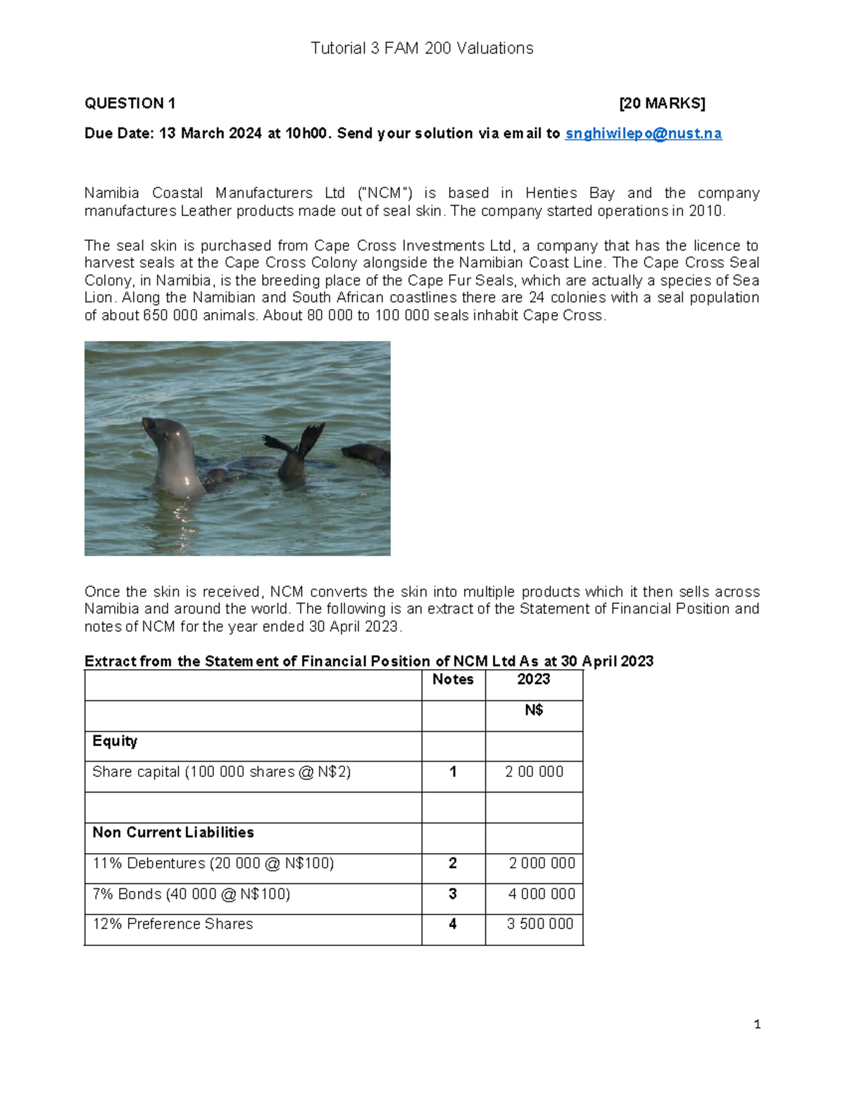 Tutorial Question-1 - Tutorial 3 FAM 200 Valuations QUESTION 1 [20 MARKS] Due Date: 13 March ...