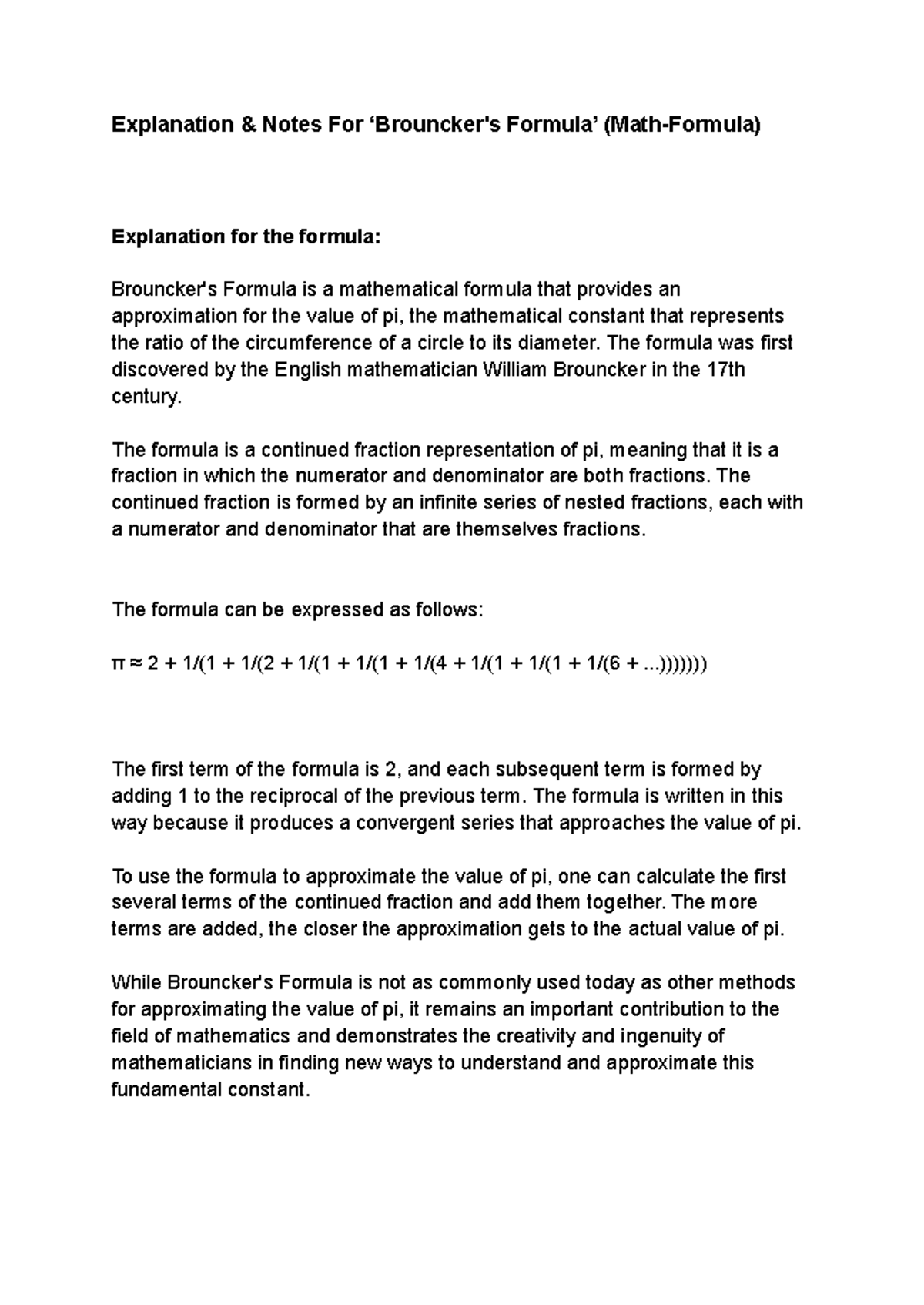 Explanation And Notes For 'The Brouncker's Formula' (Math-Formula ...