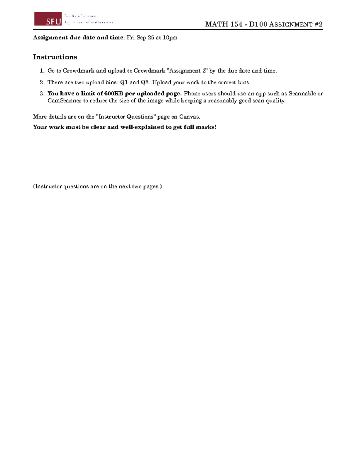 Instructor Questions 154 - A2 - MATH 154 - D100 ASSIGNMENT# Assignment ...