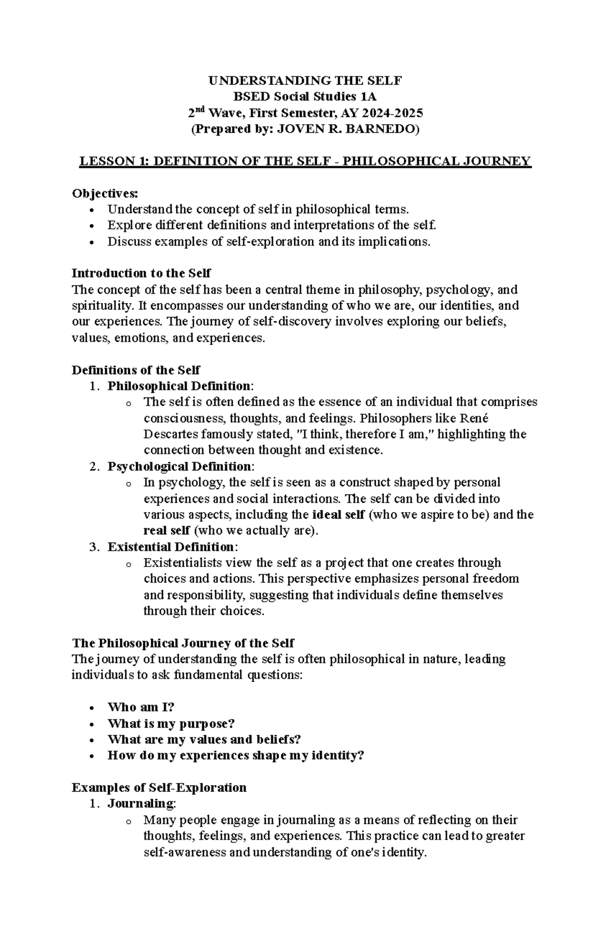 UTS Lecture-Notes Final - UNDERSTANDING THE SELF BSED Social Studies 1A ...
