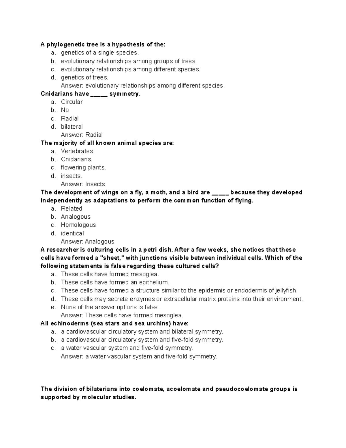 Sample/practice exam 2016, questions and answers - A phylogenetic tree ...
