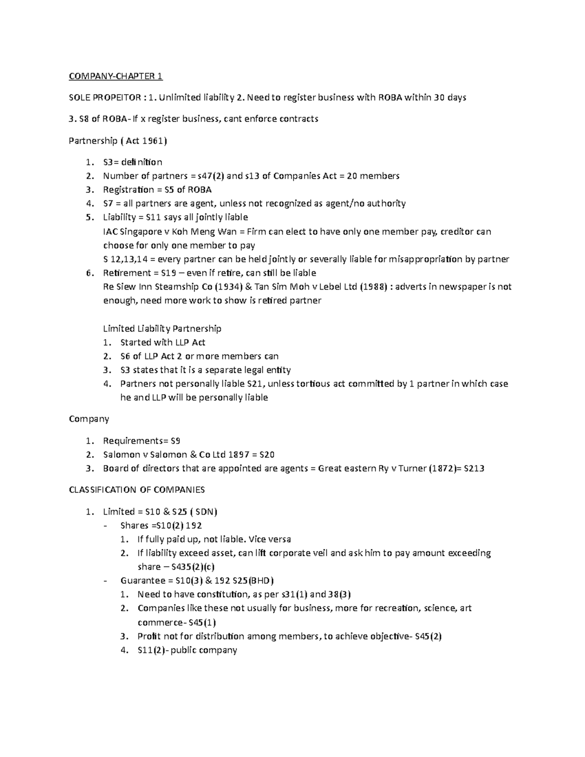 Company - Lecture notes 1-7 - COMPANY-CHAPTER 1 SOLE PROPEITOR : 1 ...
