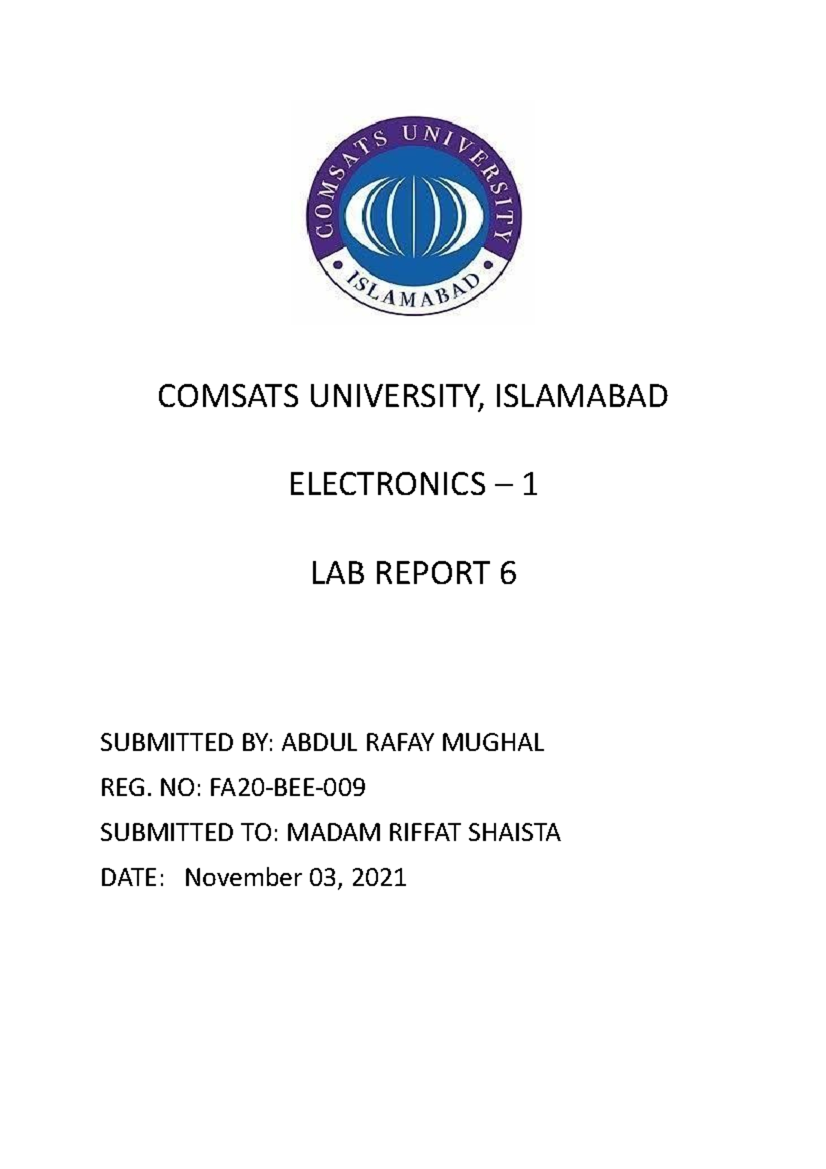 Lab Report 6 - lab - COMSATS UNIVERSITY, ISLAMABAD ELECTRONICS – 1 LAB ...