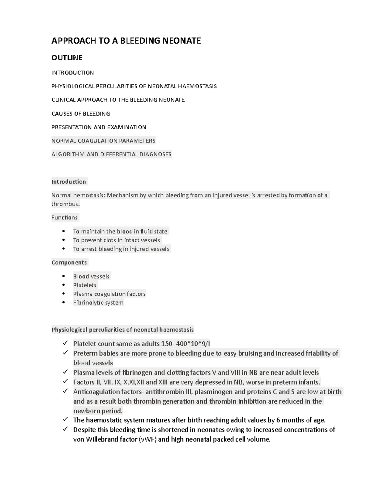 Approach TO A Bleeding Neonate - APPROACH TO A BLEEDING NEONATE OUTLINE ...