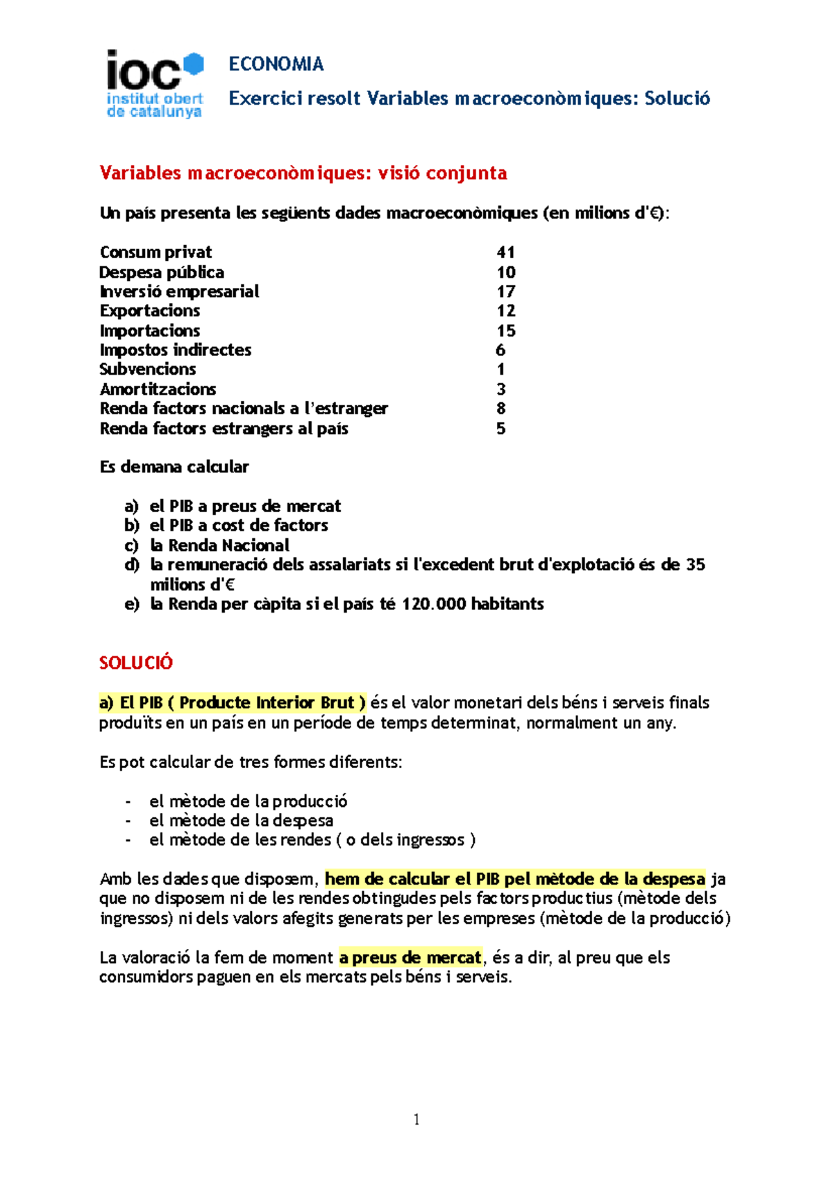 Exercici resolt de variables macroeconomiques Solucio - Exercici resolt ...
